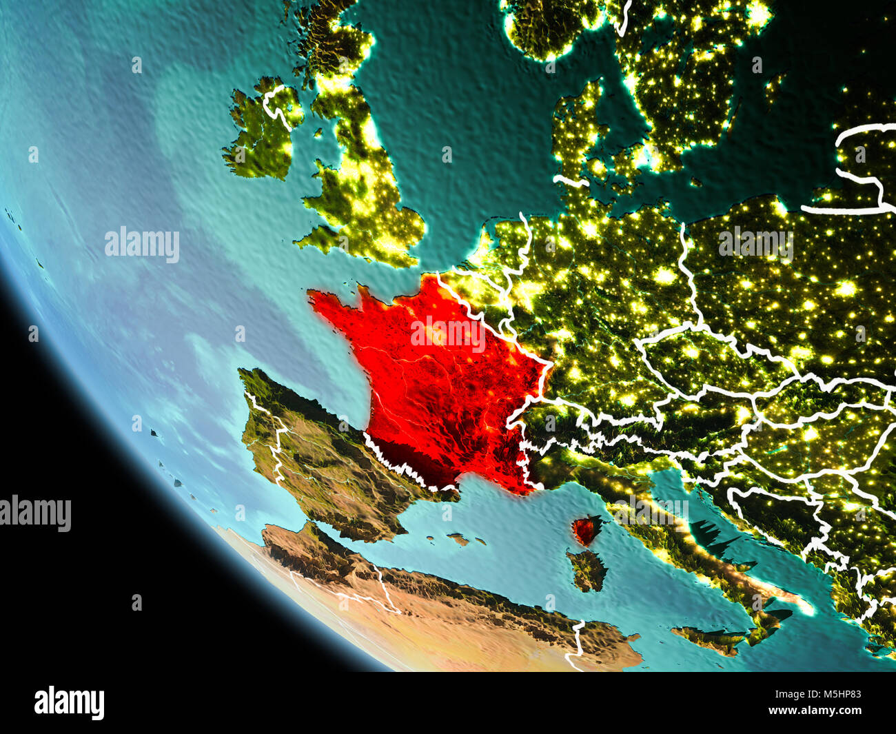 France from orbit of planet Earth at night with highly detailed surface ...