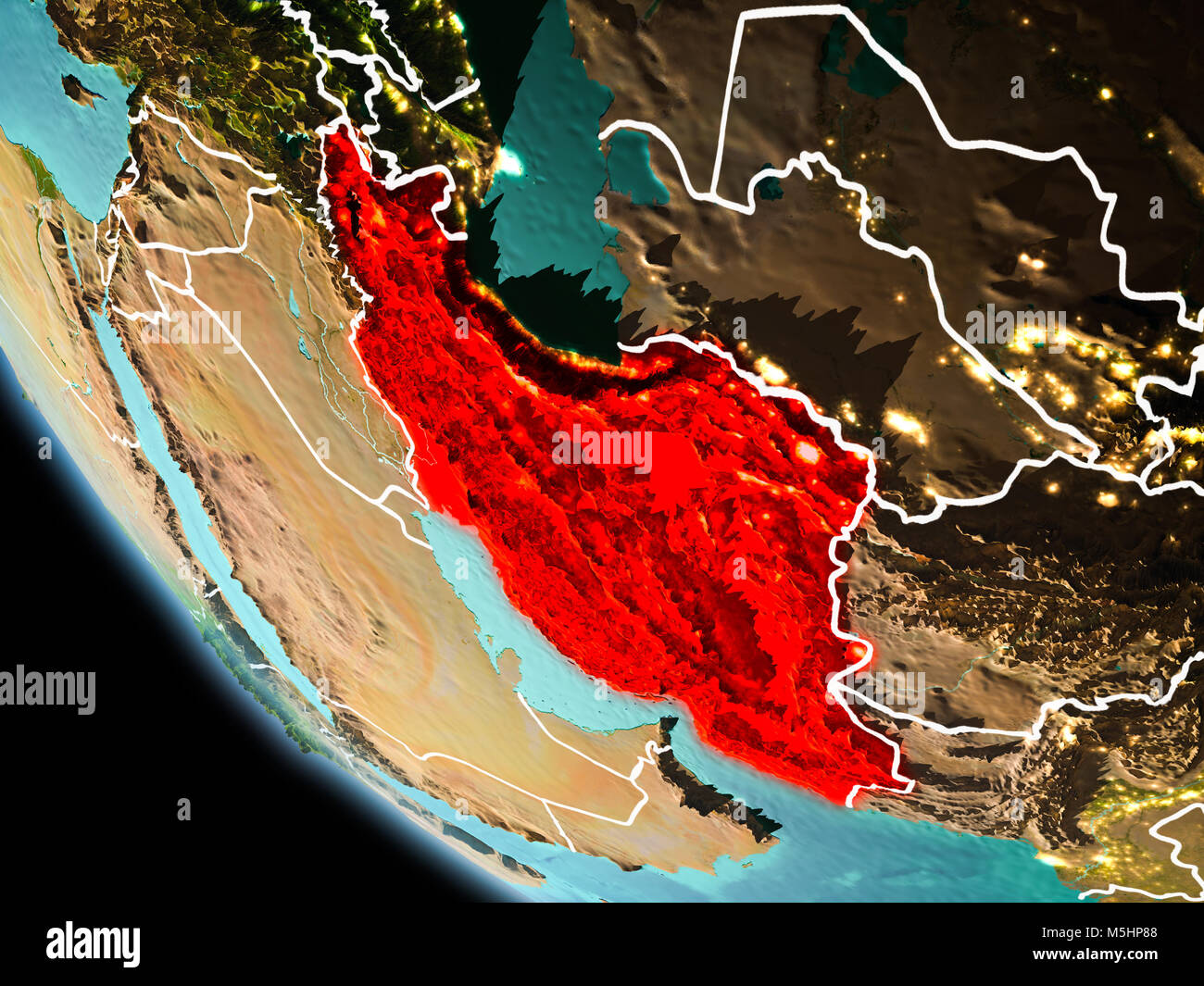 Iran from orbit of planet Earth at night with highly detailed surface ...