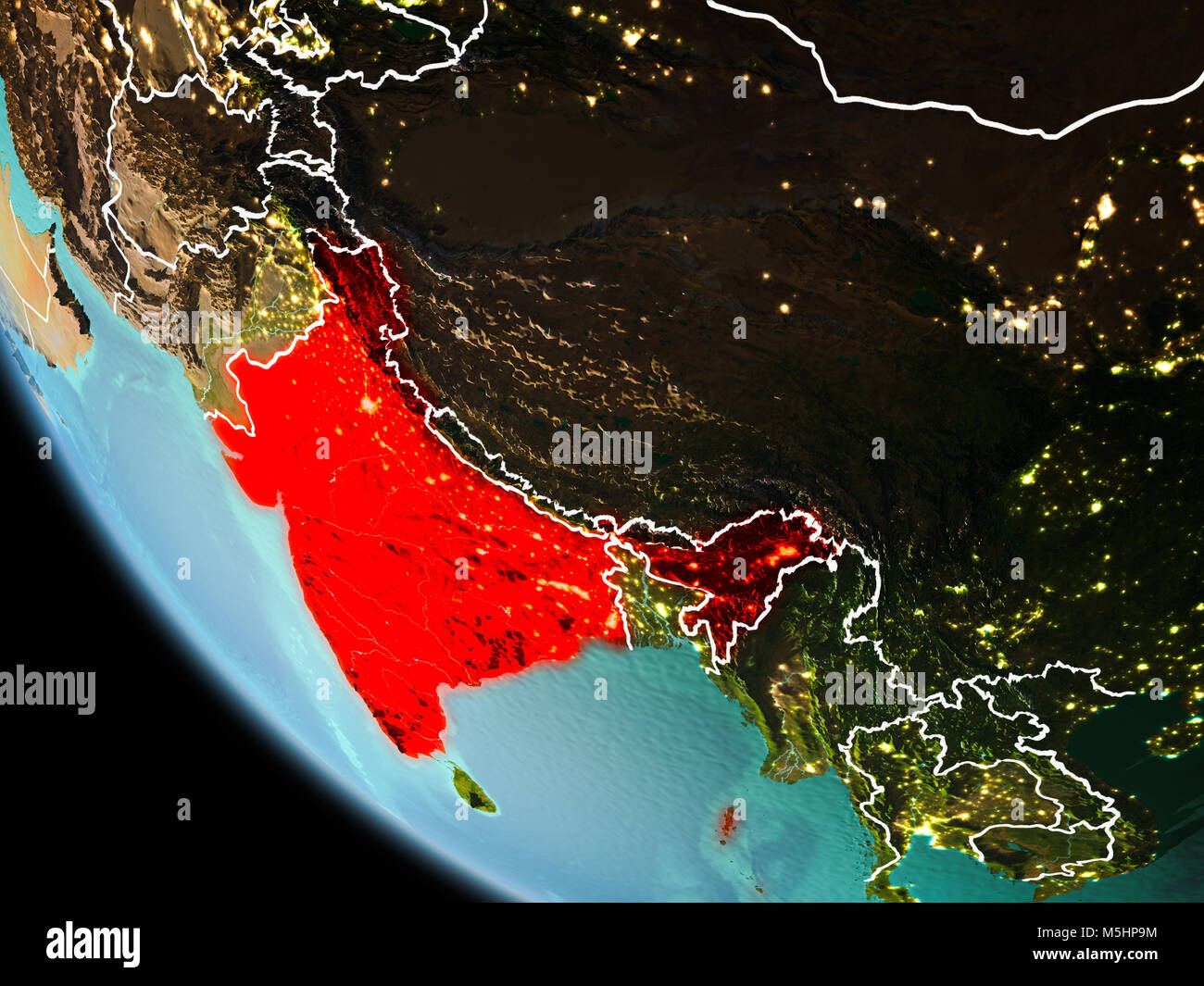 India from orbit of planet Earth at night with highly detailed surface ...
