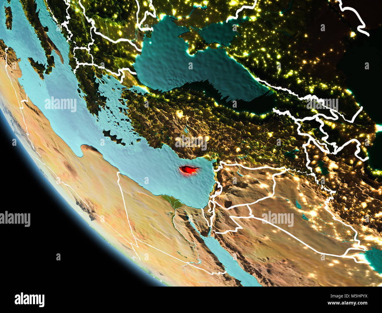 Cyprus from orbit of planet Earth at night with highly detailed surface ...
