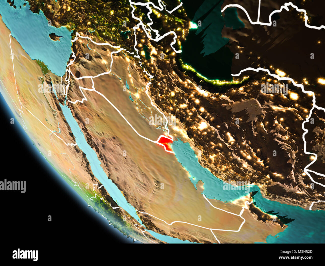Kuwait from orbit of planet Earth at night with highly detailed surface ...