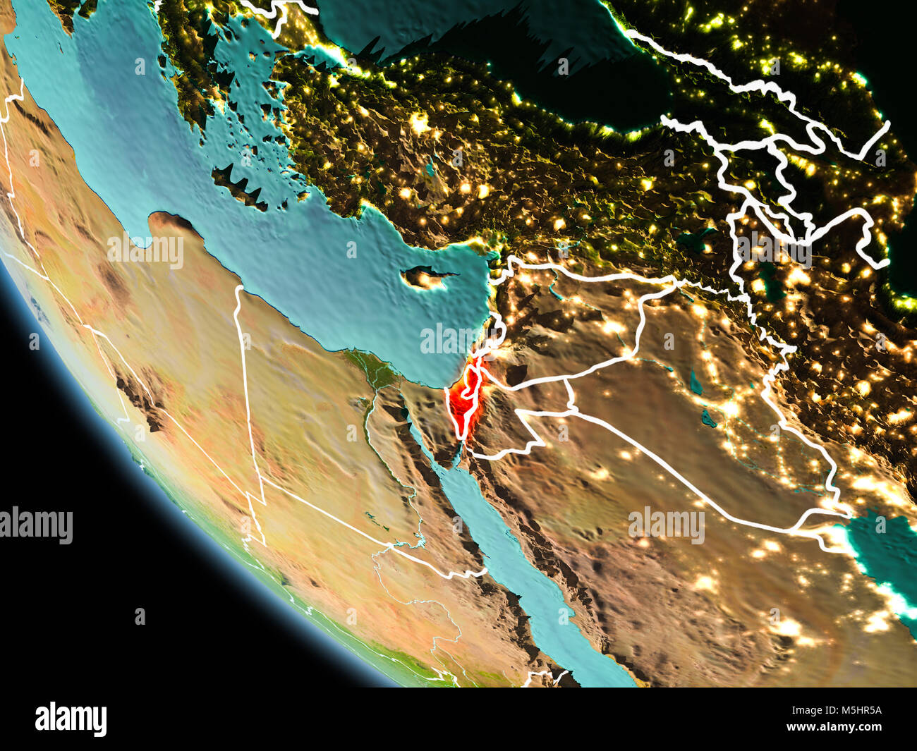Israel from orbit of planet Earth at night with highly detailed surface ...