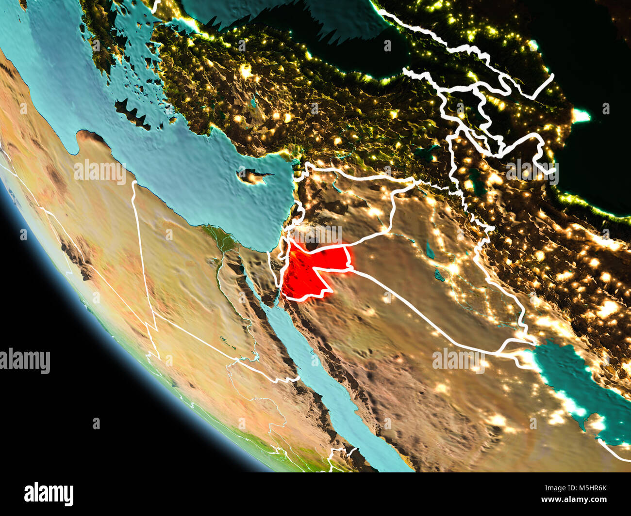 Jordan from orbit of planet Earth at night with highly detailed surface ...