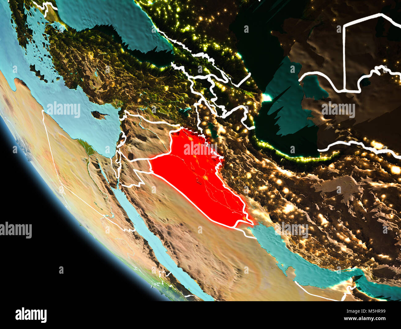 Iraq from orbit of planet Earth at night with highly detailed surface ...
