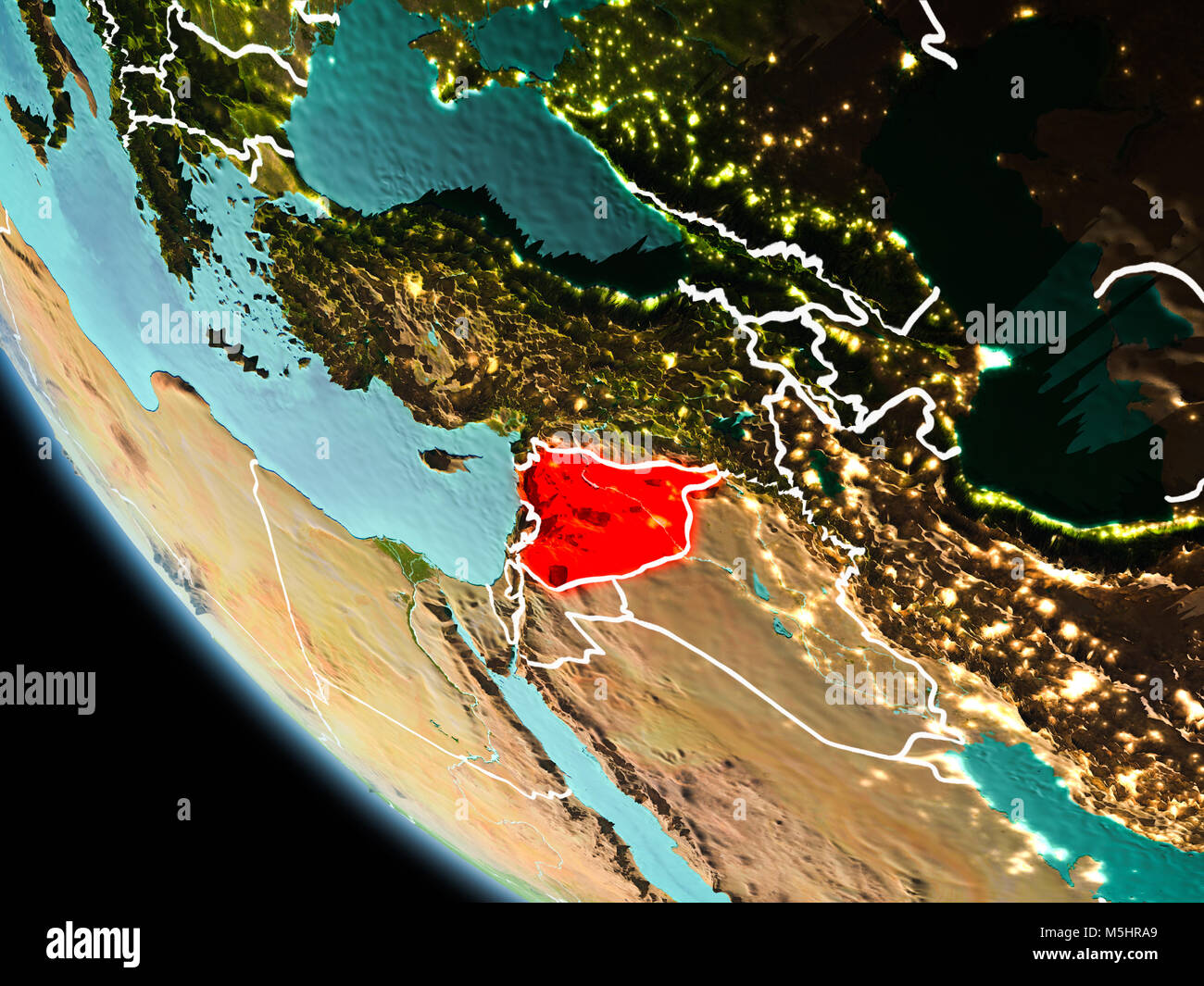 Syria from orbit of planet Earth at night with highly detailed surface ...