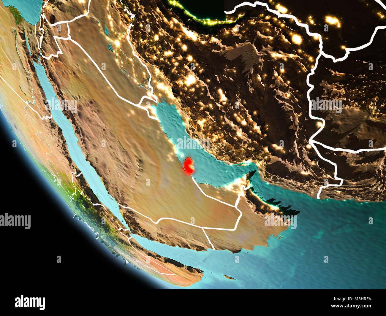 Qatar from orbit of planet Earth at night with highly detailed surface ...