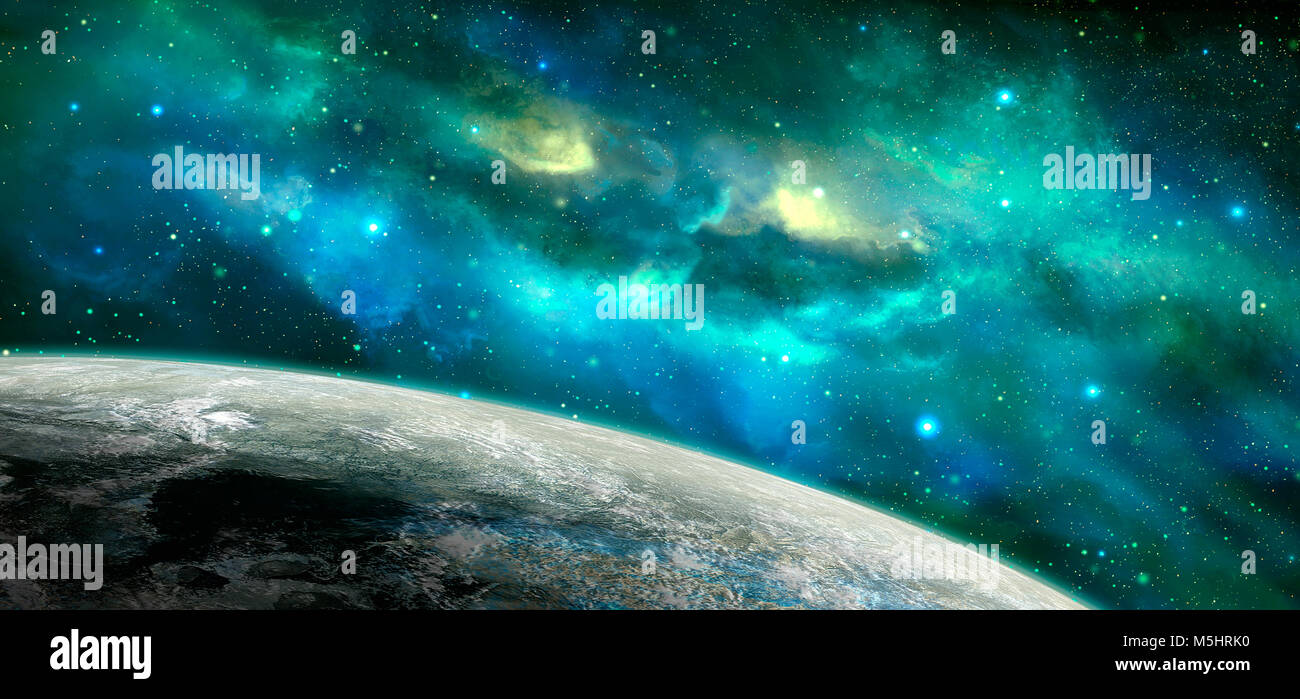 Space scene. Blue and green nebula with planet. Elements furnished by ...