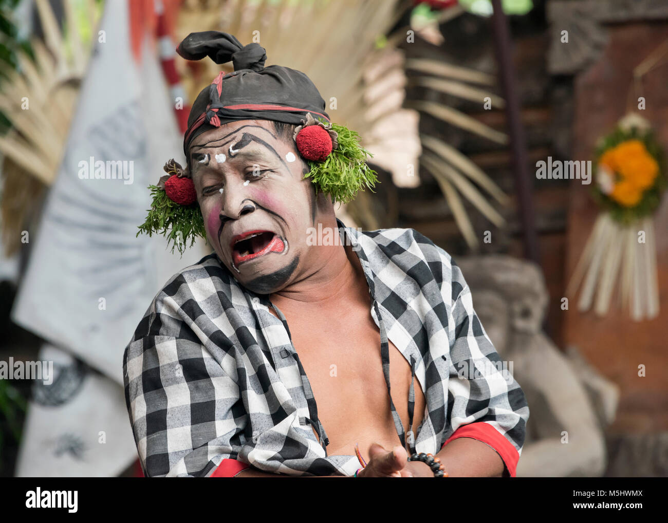 Sad clown character from Barong Calon Arang Balinese dance, Ubud, Balli ...