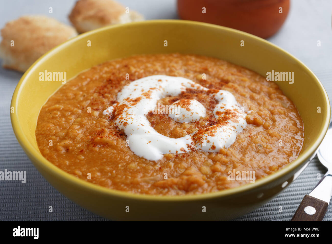 Lentil cream soup with paprika and yogurt Stock Photo - Alamy