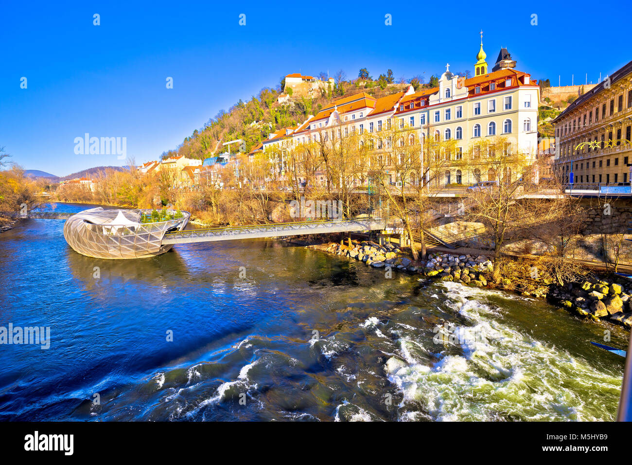 City of Graz Mur river island and Schlossberg hill view, Styria region ...