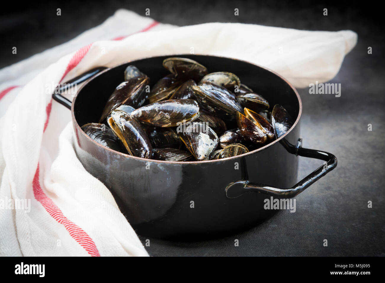 Organic blue mussels in cooking pot Stock Photo - Alamy