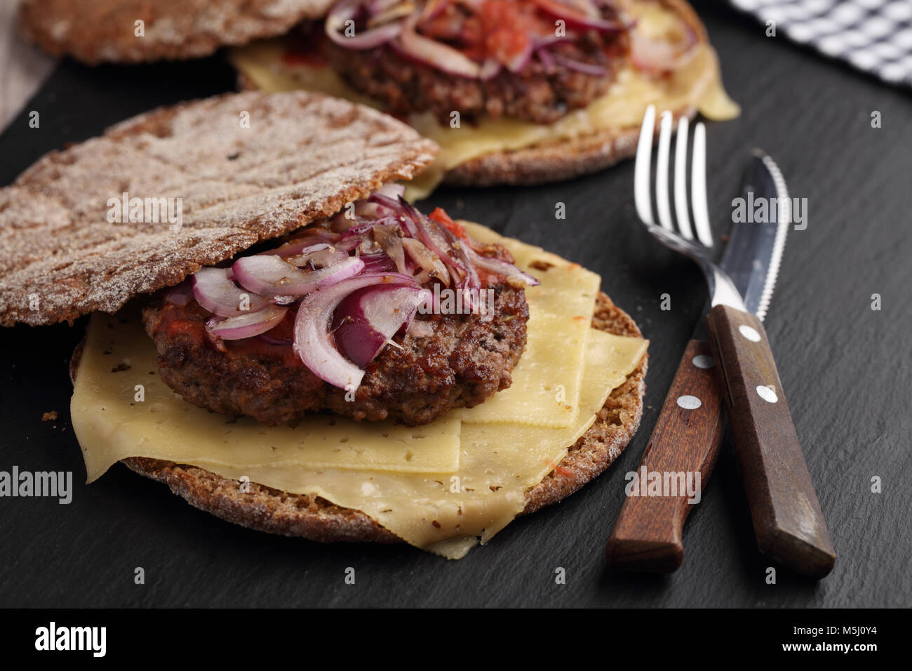 Dirty burgers with rye bun, cheese, red onion, and tomato sauce closeup ...