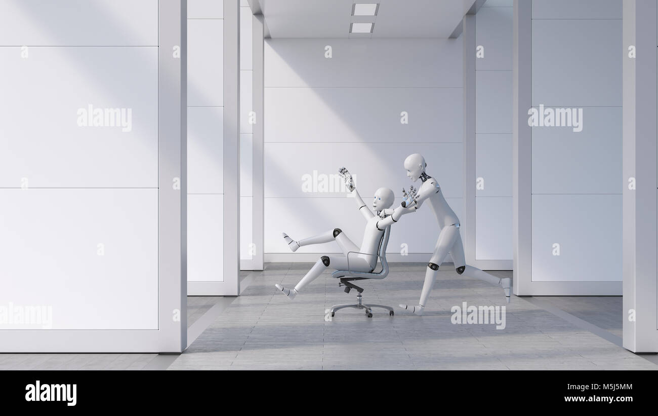 Robot pushing a cheering friend on a chair through the office Stock ...