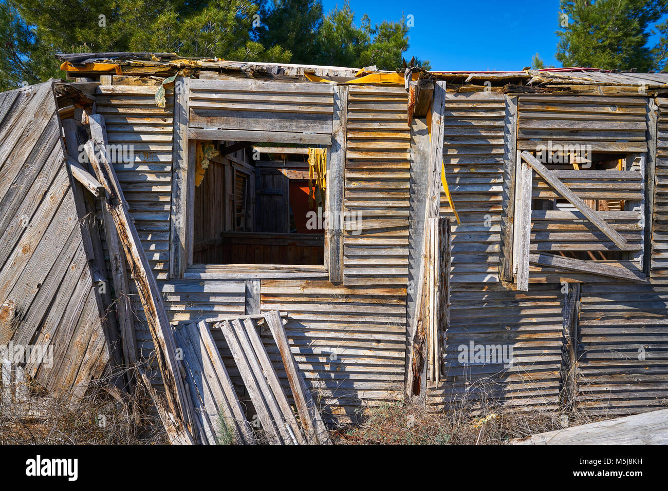 Old wooden cabin house destroyed by hurricane and abandoned Stock Photo ...