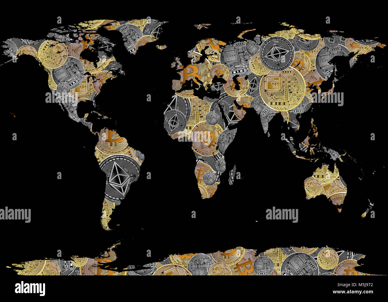 bitcoin and ethereum background world map as concept of global cryptocurrency on black Stock ...