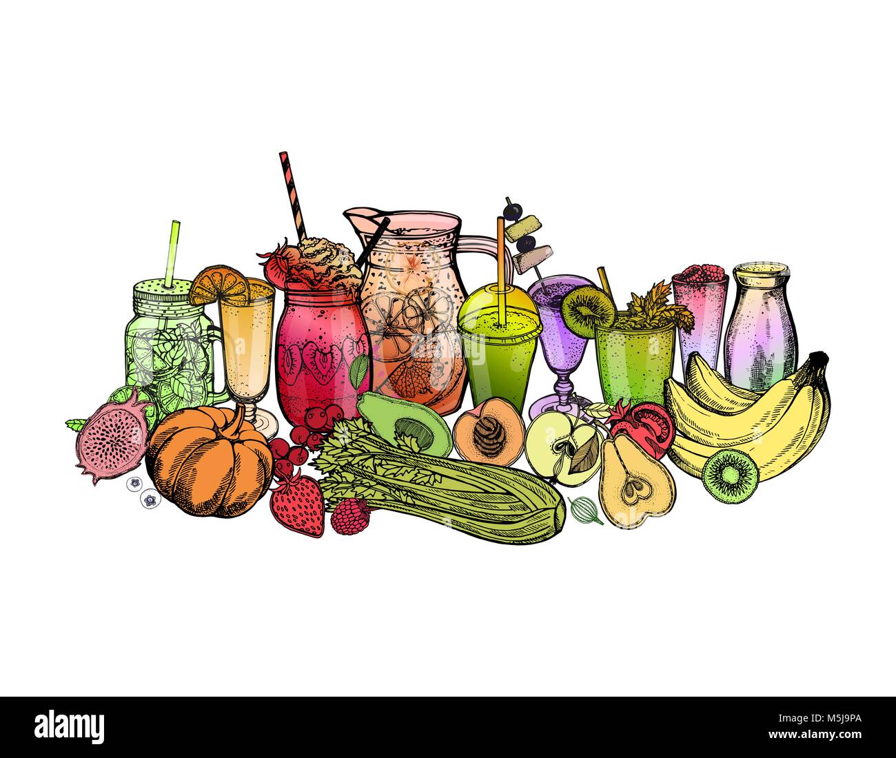 Set of colorful hand drawn sketch style smoothie with fruits and ...