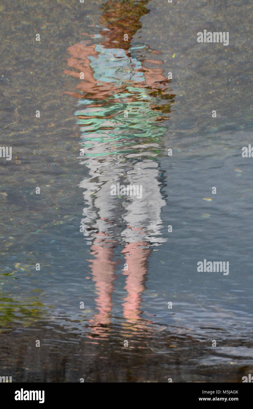 A water reflection of a woman standing over the water taking a picture ...