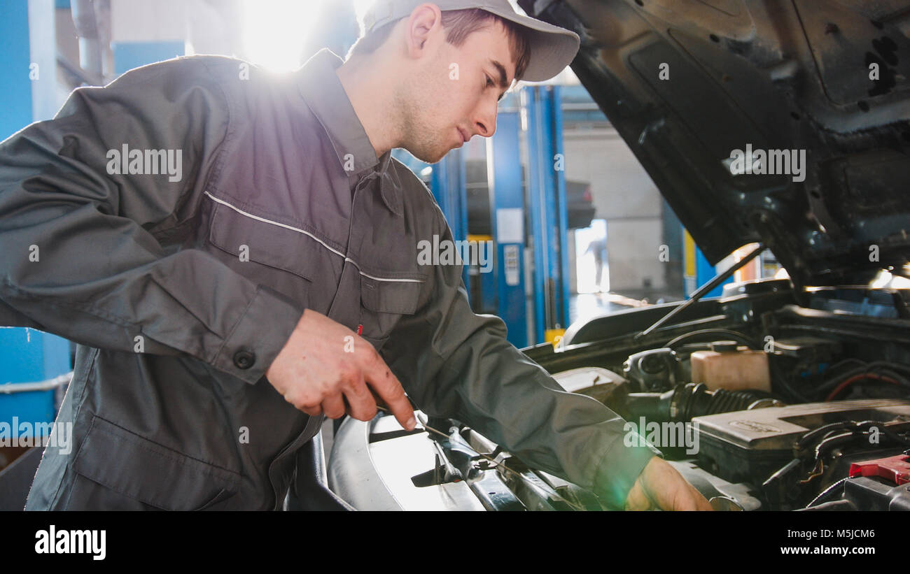 Mechanic in overalls checks level of engine oil in the car - automobile ...