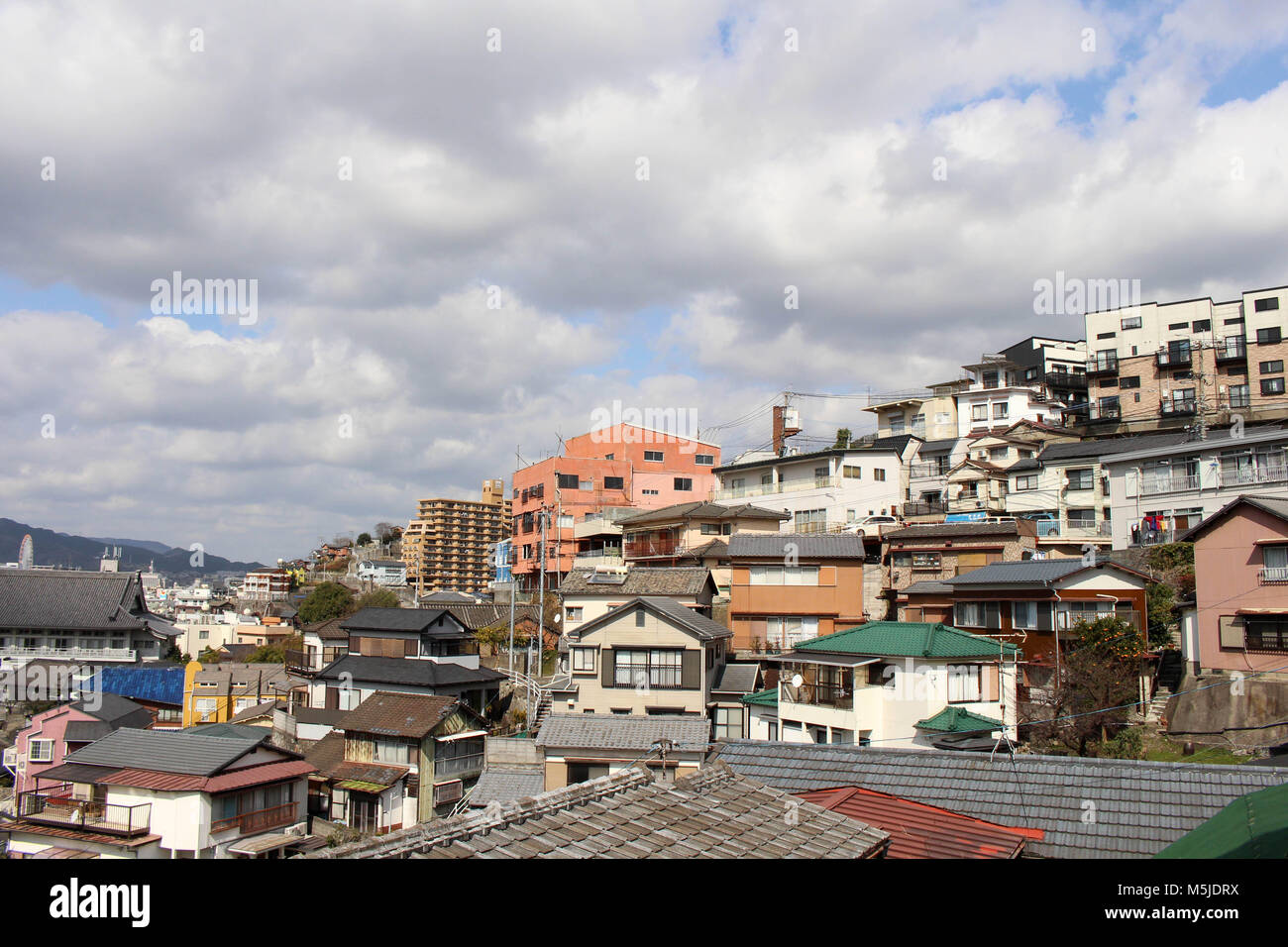The stacking houses around Nagasaki hilly area. Taken in Japan ...
