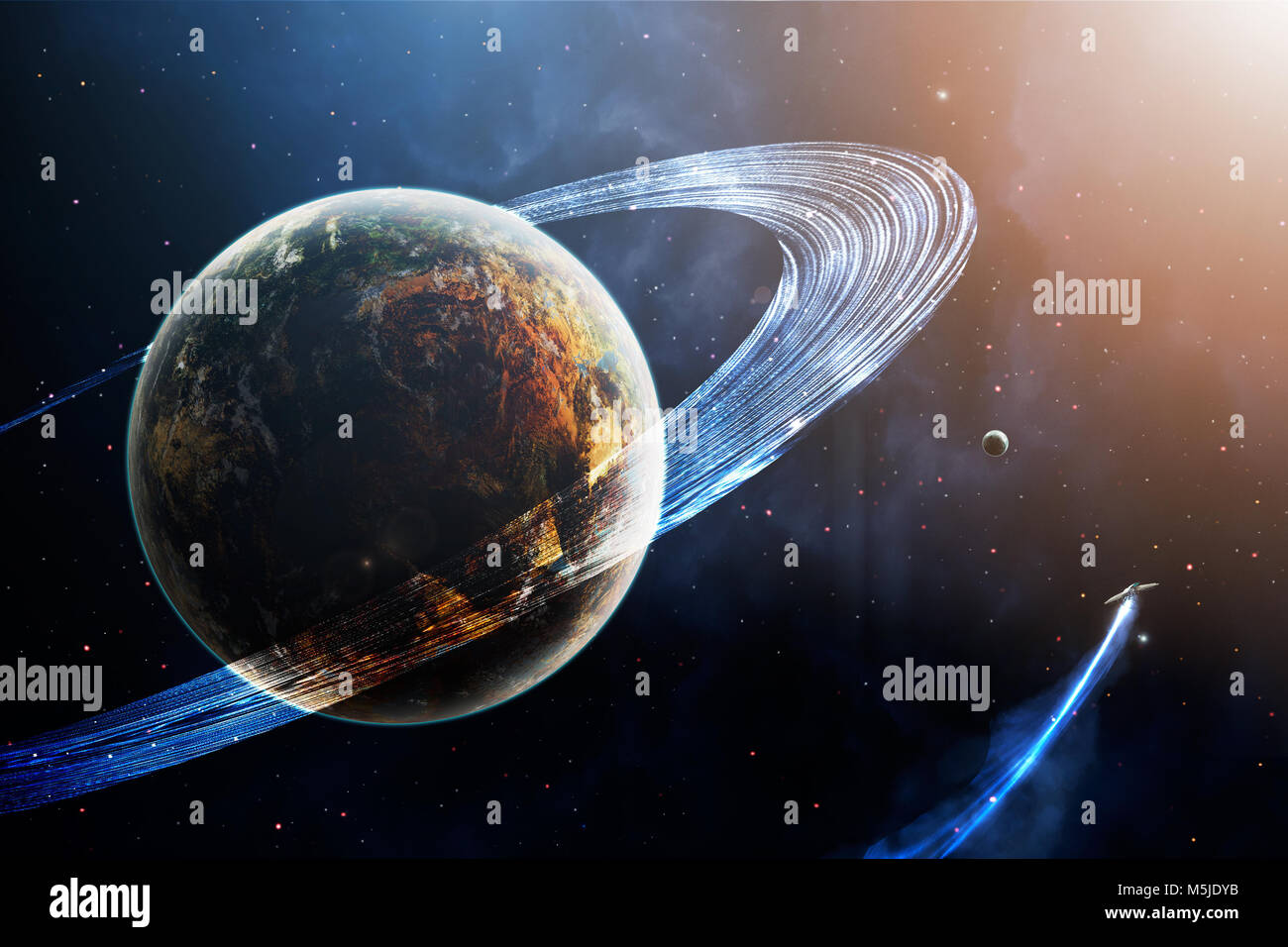 Space scene. Blue and orange soft nebula with planet, planetary ring ...