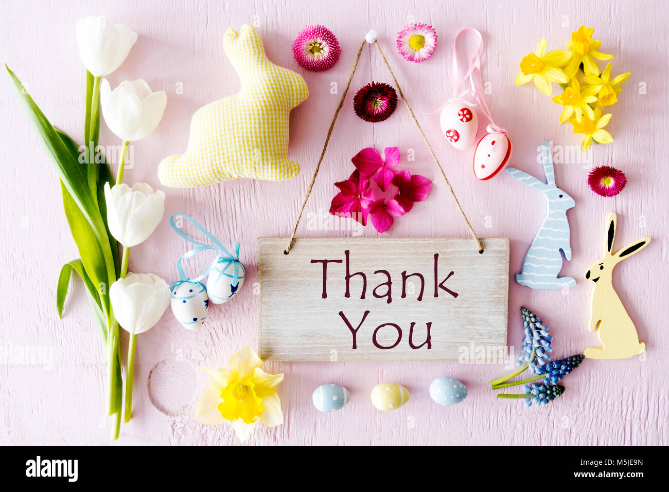 Wooden Sign With English Text Thank You. Easter Flat Lay With ...