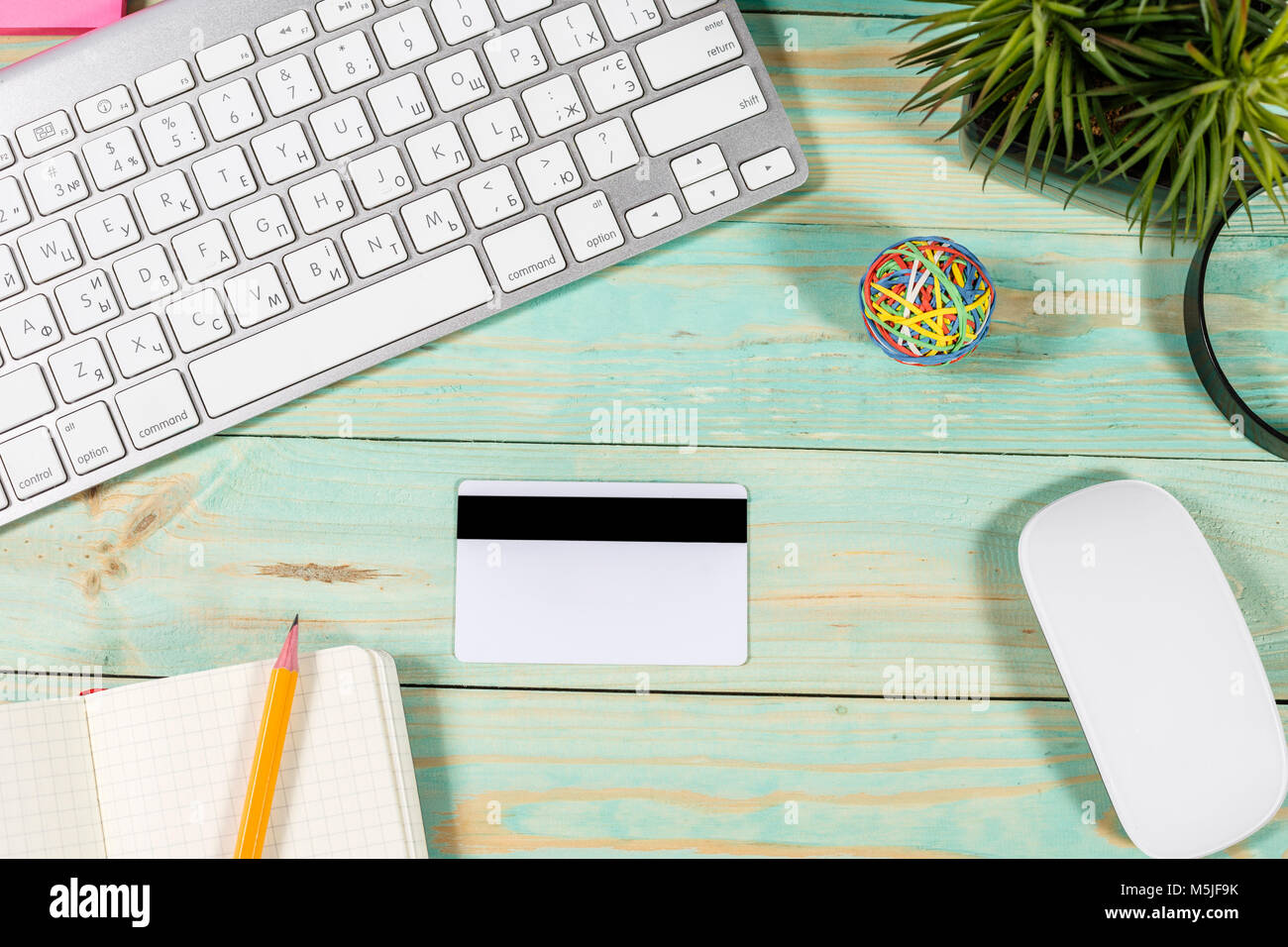 Top view office table and blank credit card on wood background Stock ...