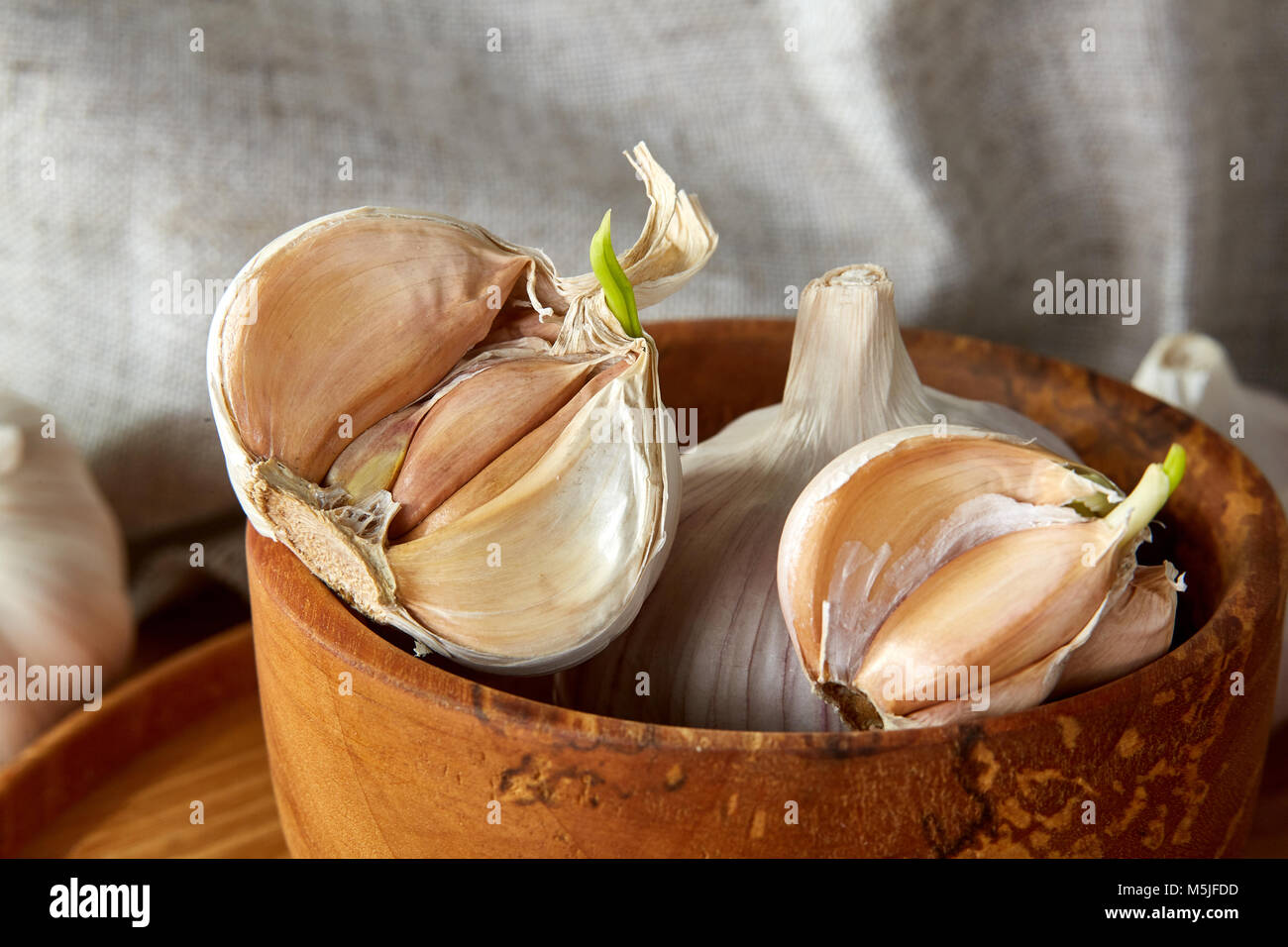 Garlic on flat wooden plate put on rustic rough wooden table with light ...