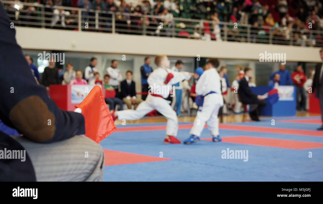 Karate - judge coaches looking at teenager's karate fighting Stock ...