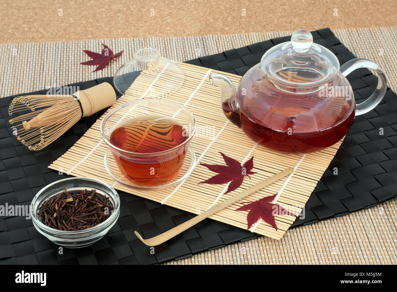 Japanese kuchika roasted twig tea with glass teapot and cup, dried ...