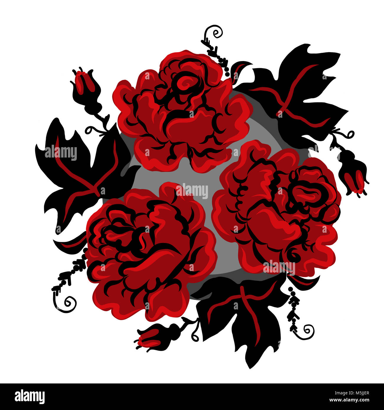 Vintage ukrainian red roses and black color in circle. card and print ...