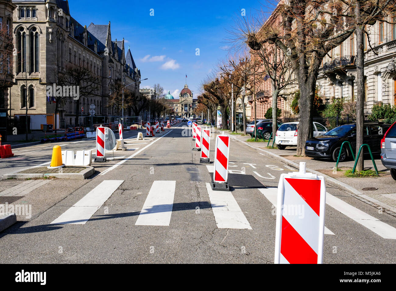 Civil engineering Strasbourg, urban road works, warning signs narrowing ...