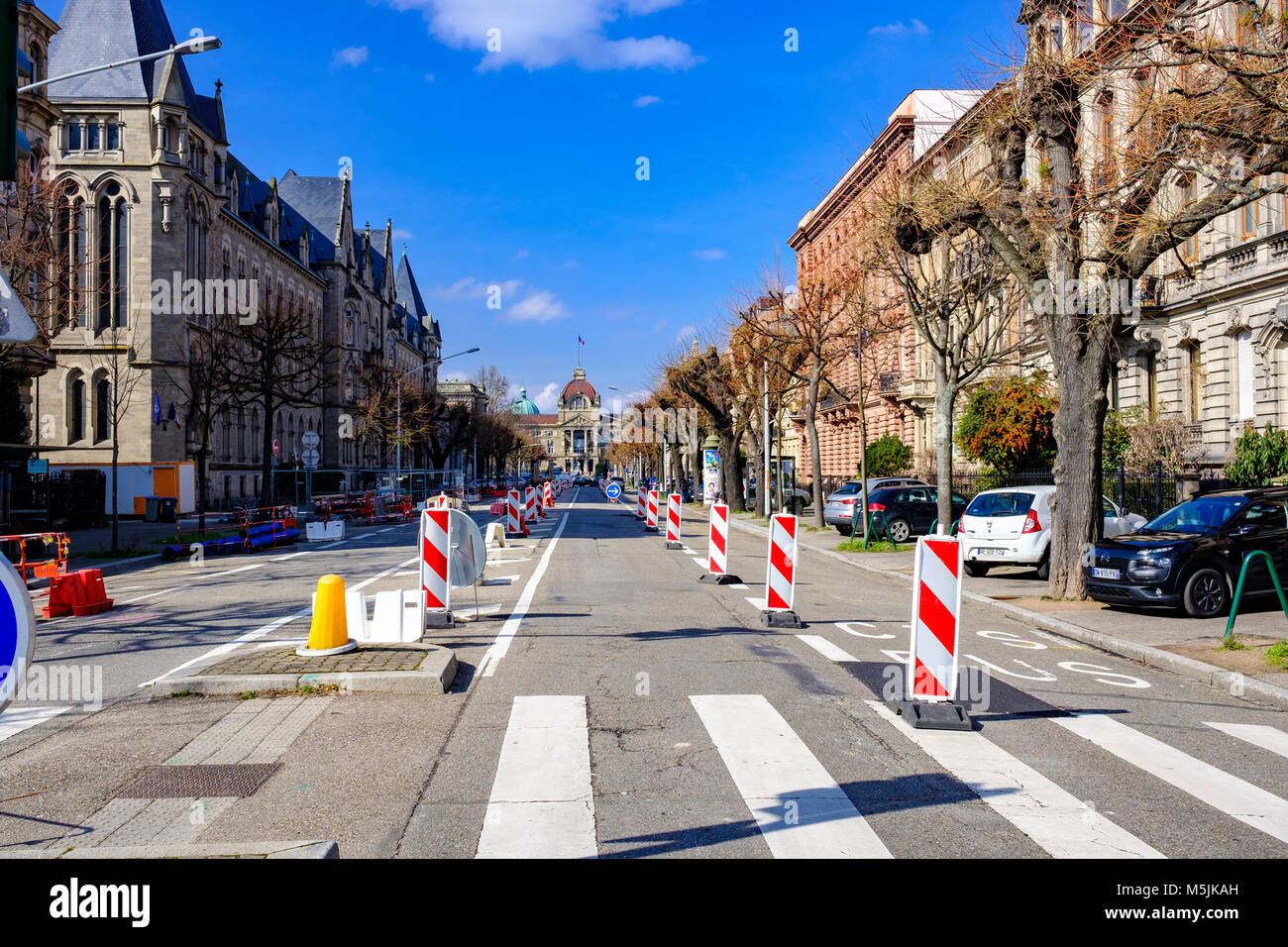 Civil engineering Strasbourg, urban road works, warning signs narrowing ...