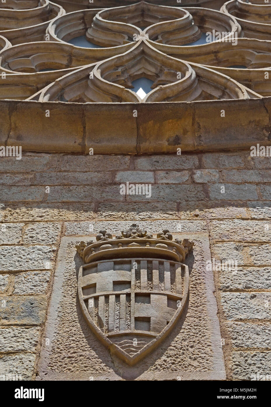 Arms of Barcelona. Gothic Facade of the Basilica Santa Maria del Mar ...