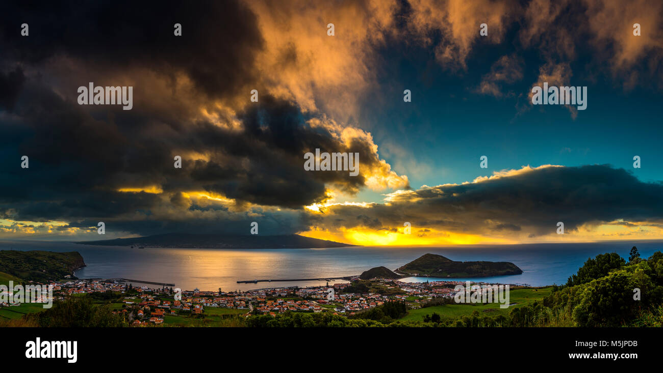Panorama,Mount Pico with Horta seaport in clouds at sunset,Horta,island ...