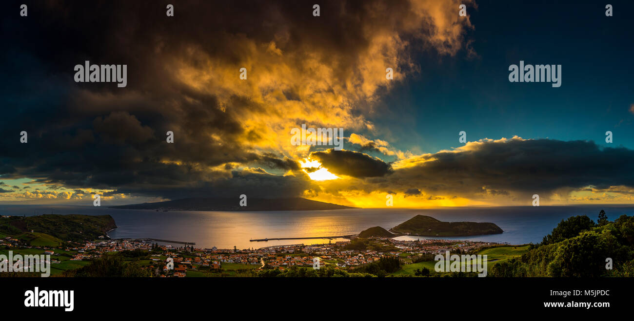 Panorama,Mount Pico with Horta seaport in clouds at sunset,Horta,island ...