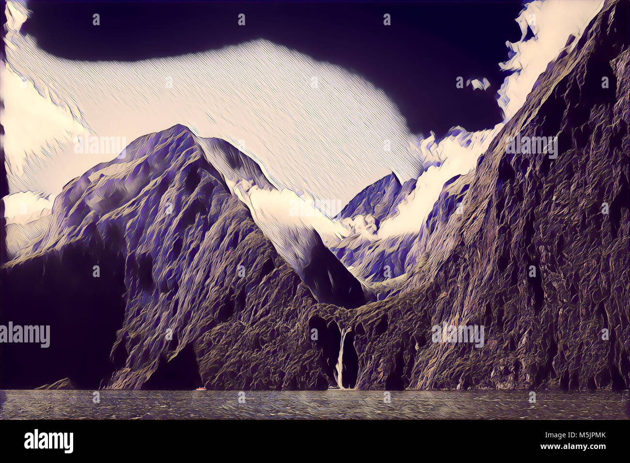 Stylized drawing of Stirling Falls, Milford Sound, Fiordland, New ...