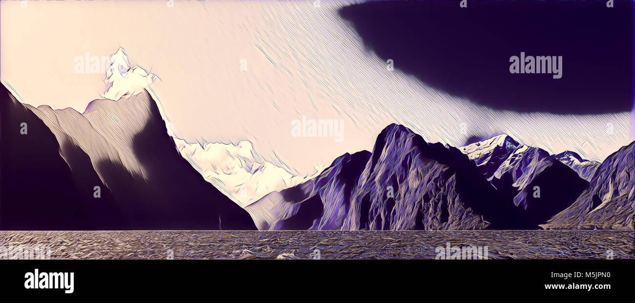 Drawing of rugged mountain peaks above water Stock Photo - Alamy