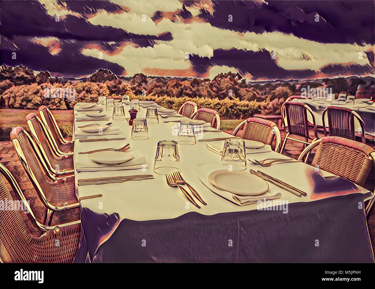 Drawing of beautiful outdoor white table setting in a wineyard Stock ...