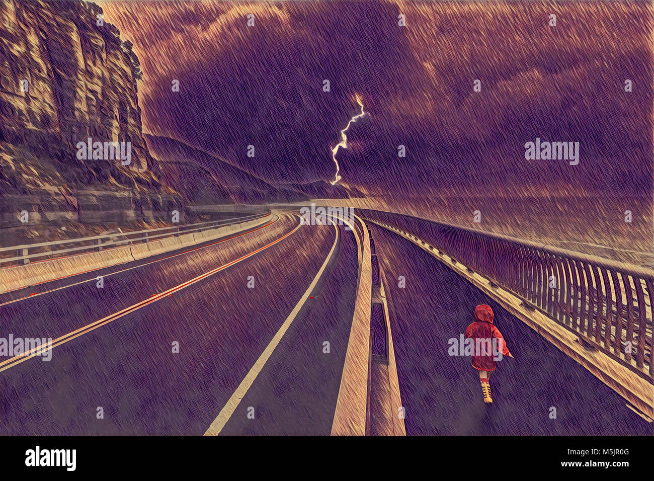 Child running on a huge bridge during thunderstorm. Concept of ...