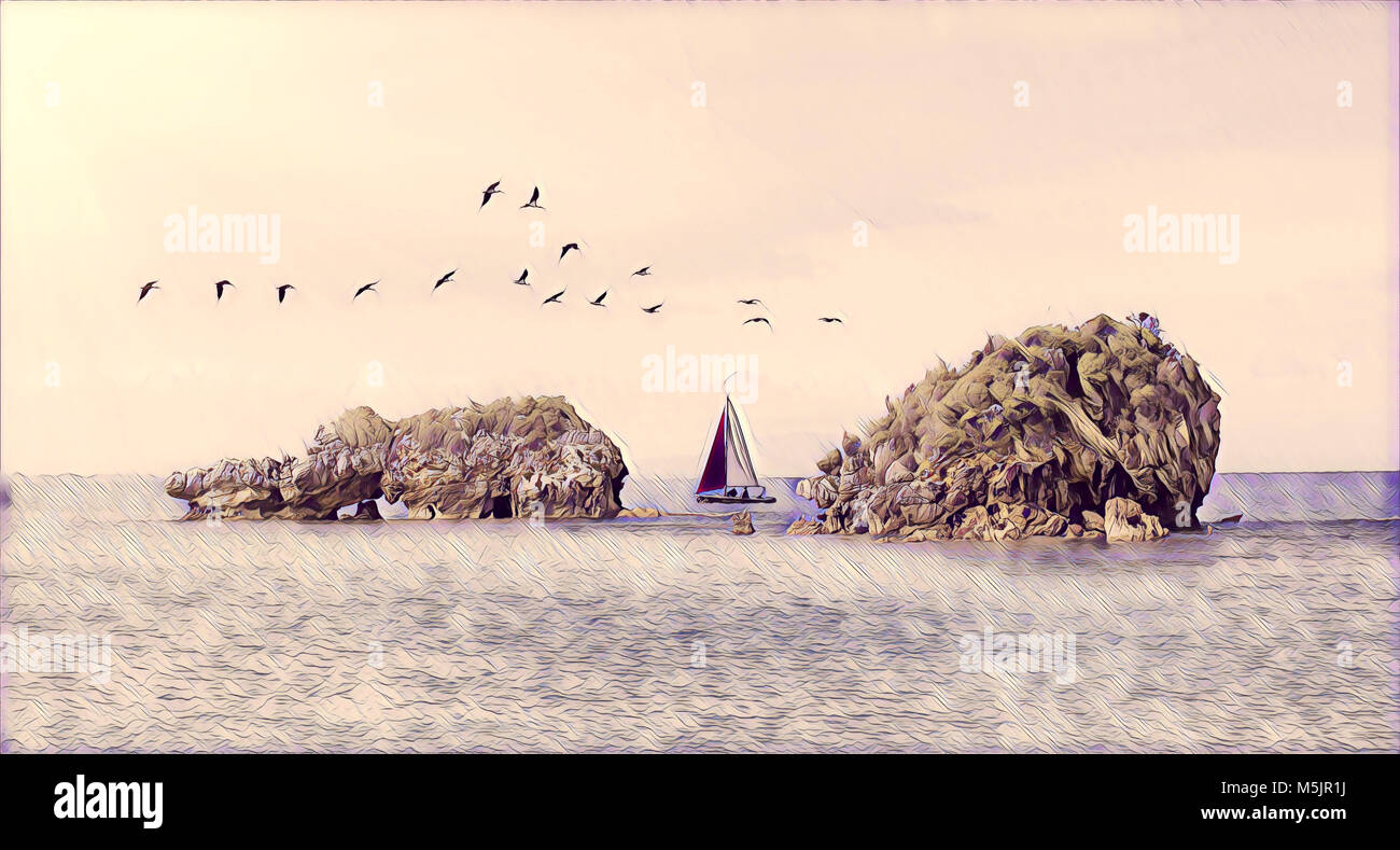 Sailboat between two rocks and flock of birst in the sky - stylized ...