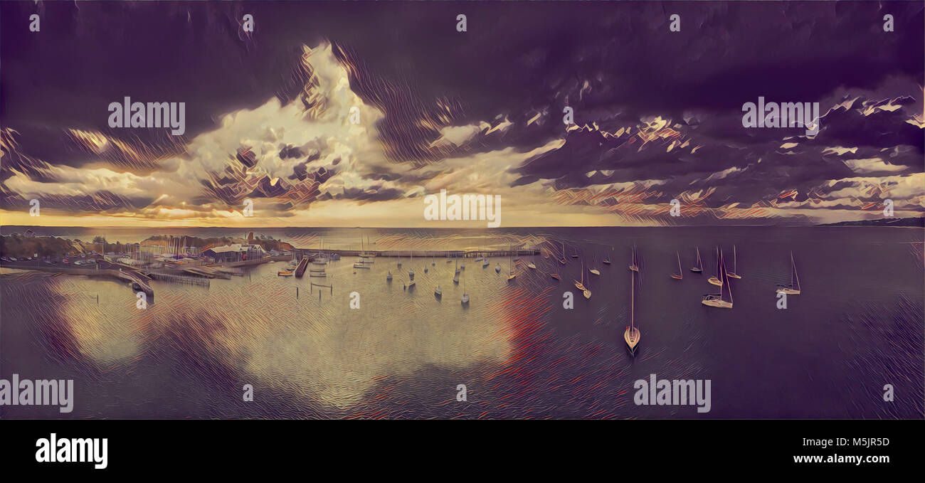 Stylized illustration of boats and pier at sunset Stock Photo - Alamy