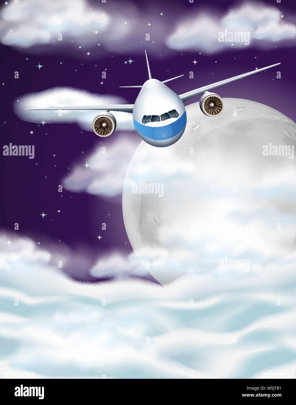 Airplane flying in sky at night time illustration Stock Vector Image ...