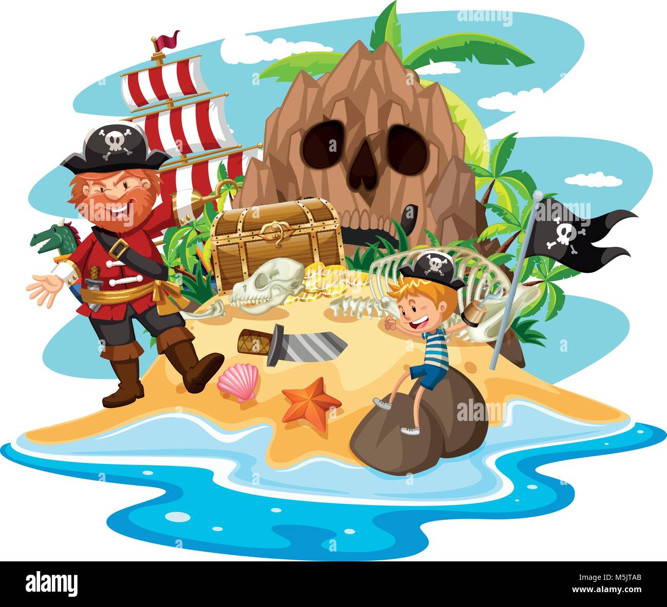 Pirate and little boy on treasure island illustration Stock Vector ...