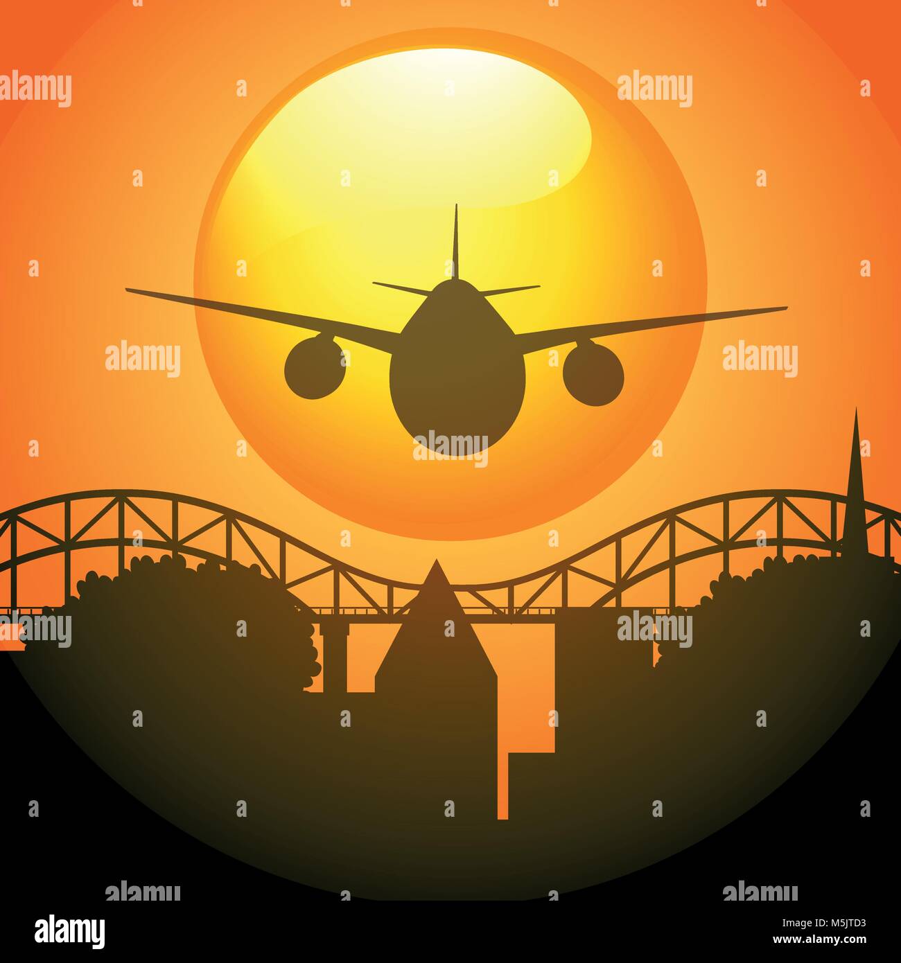 Silhouette scene with airplane flying over bridge illustration Stock ...