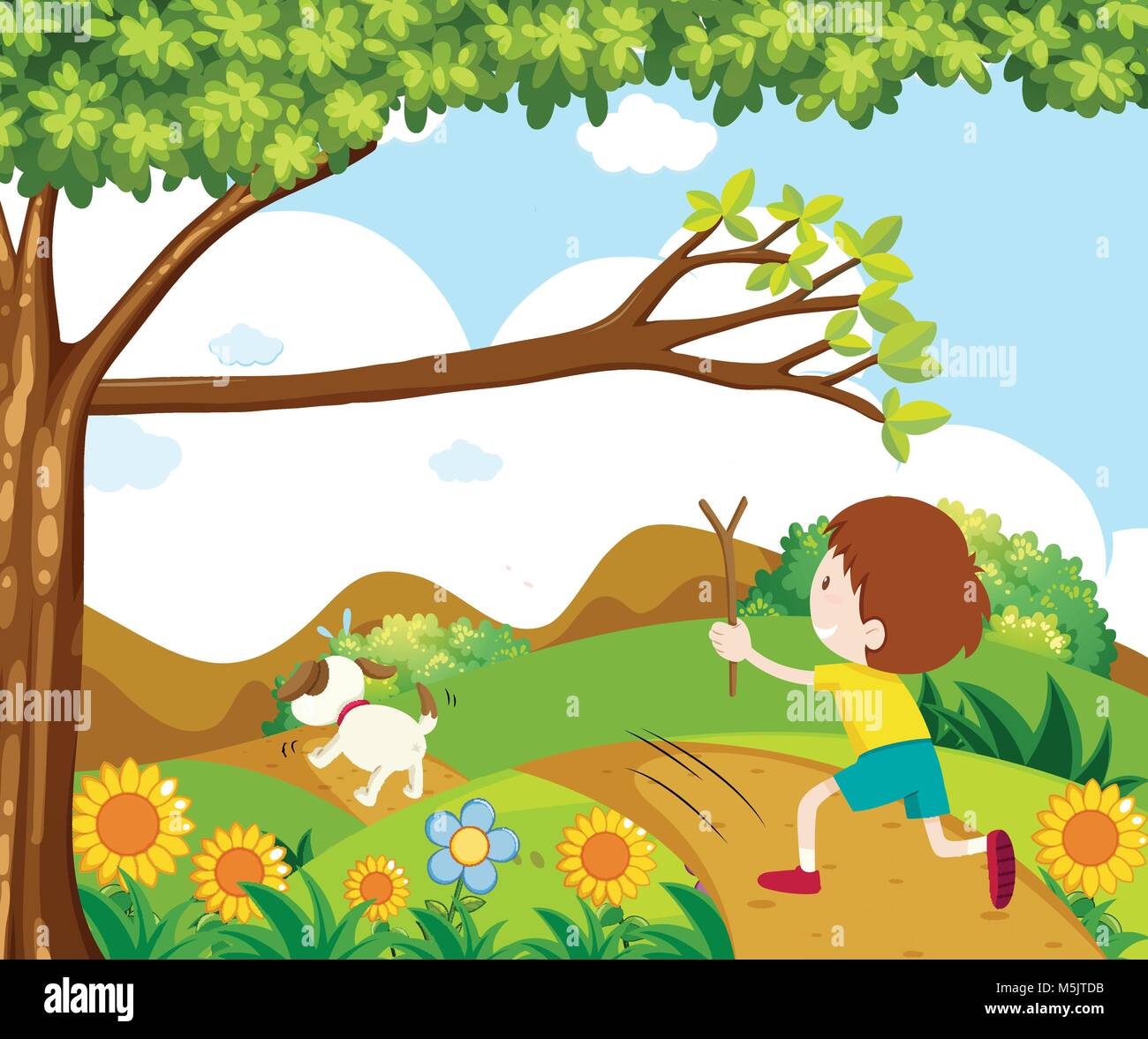 Scene with boy chasing dog in park illustration Stock Vector Image ...