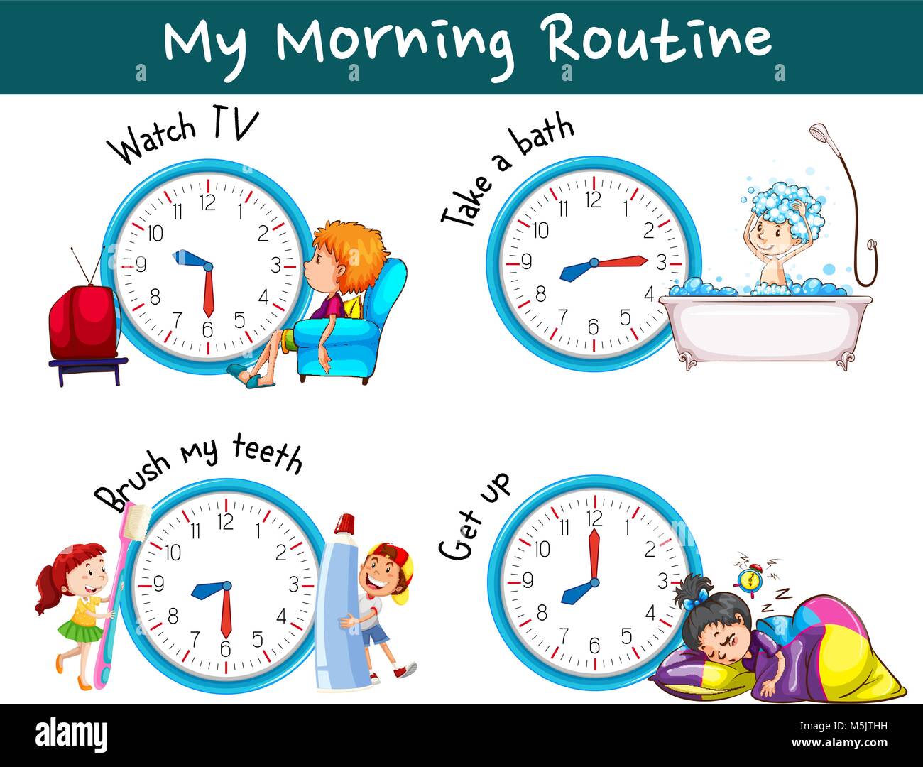 Different morning routines at different times illustration Stock Vector ...