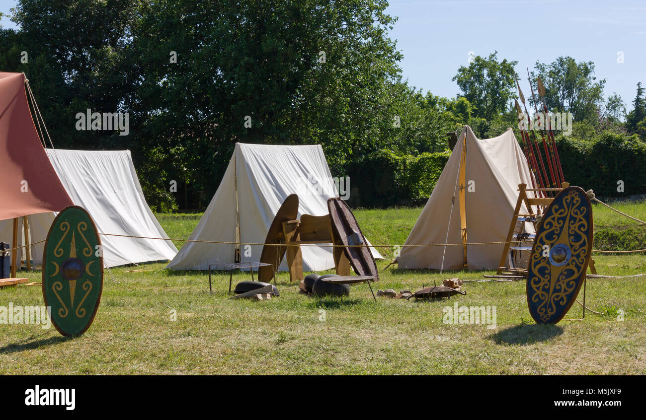 Ancient gallic encampment at a historical reenactment with two battle ...