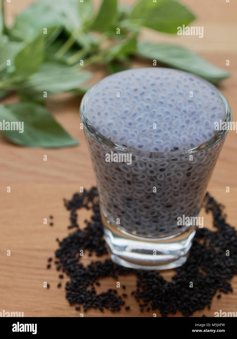 Swelled sweet basil or sabja seeds in shot glass with dried seeds and ...