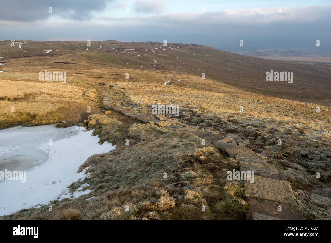 A cold windy winter hill walking on Ingleborough in the Yorkshire Dales ...