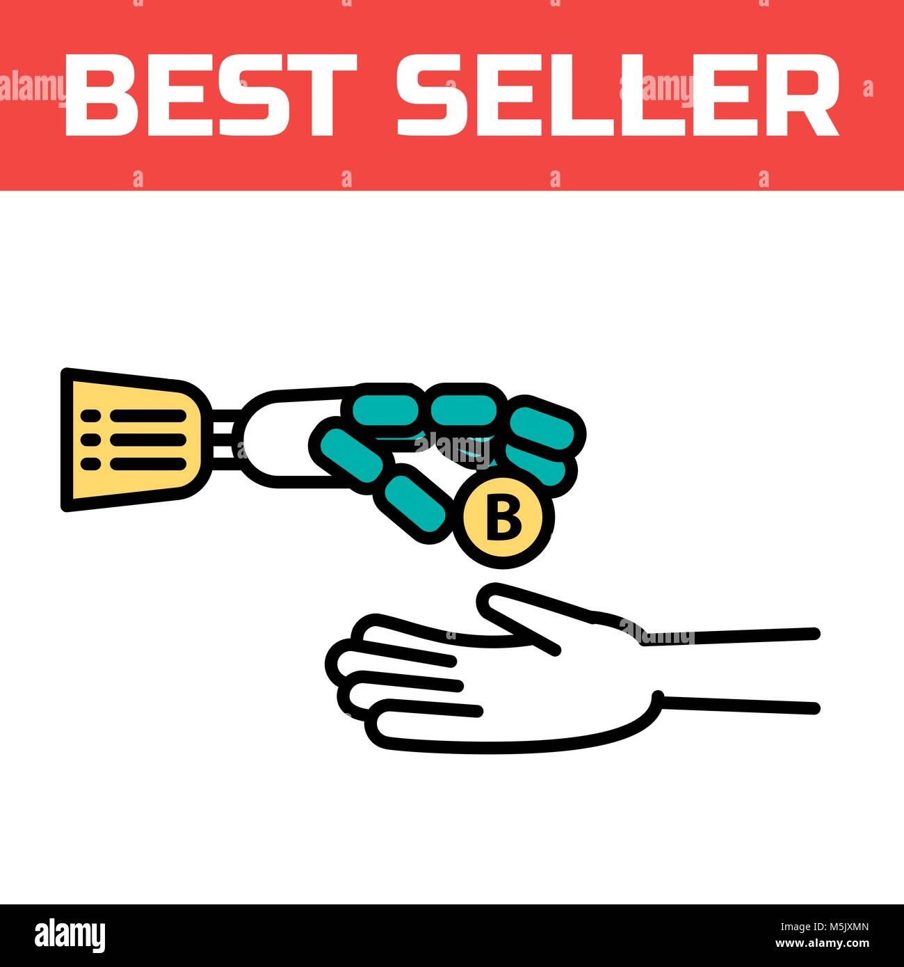 A robotic arm gives a bitcoin coin. The cyber arm is a symbol of ...